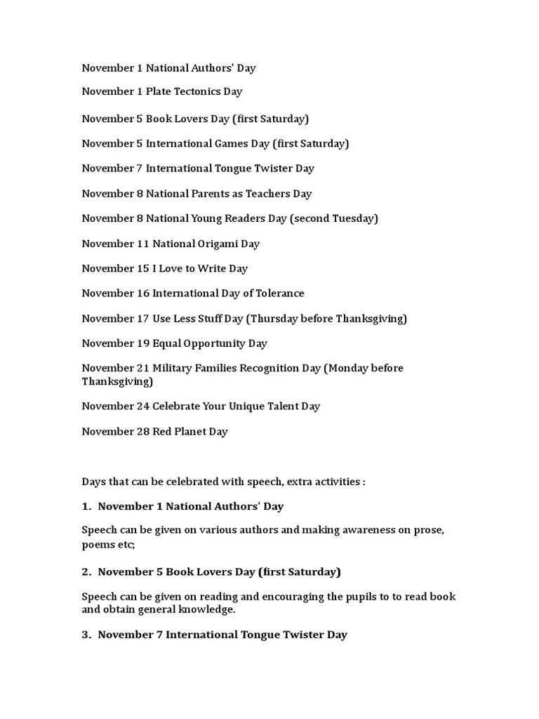 November Celebrations and Activities Guide | PDF | Language Arts ...