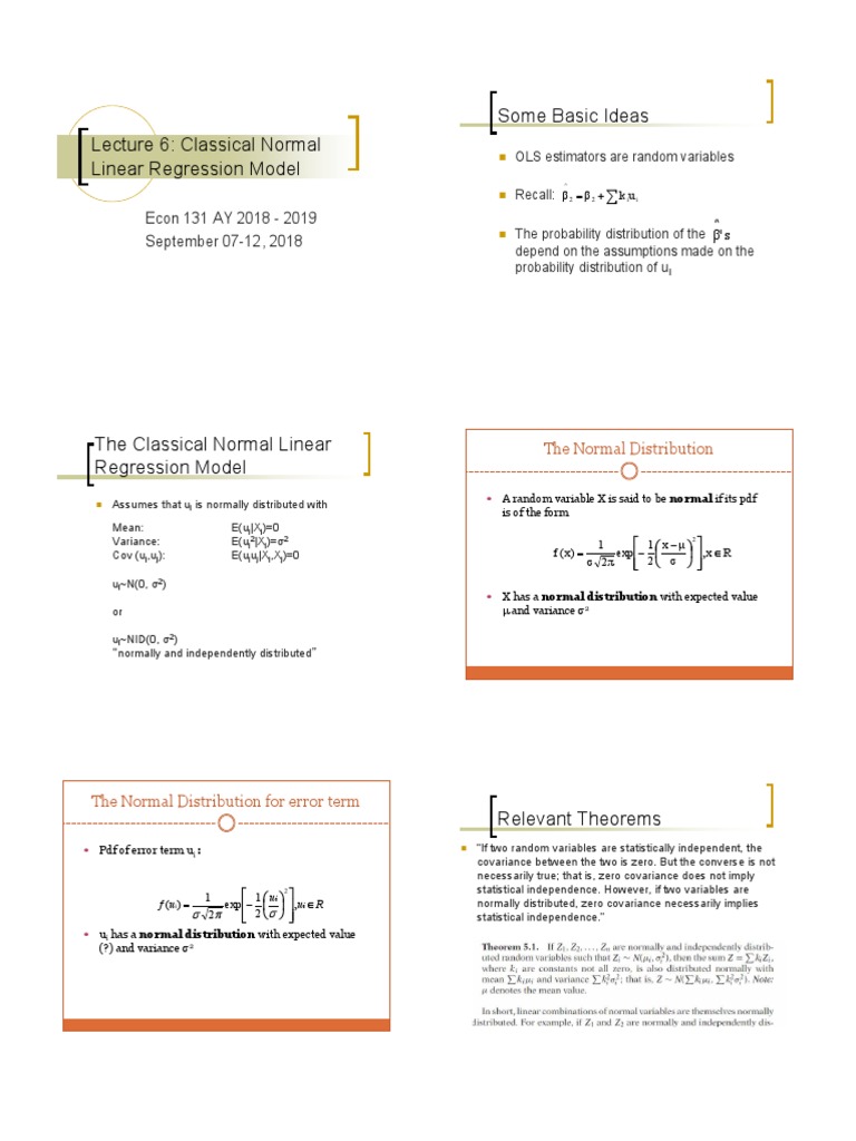 Lecture 6: Classical Normal Linear Regression Model Some Basic Ideas ...