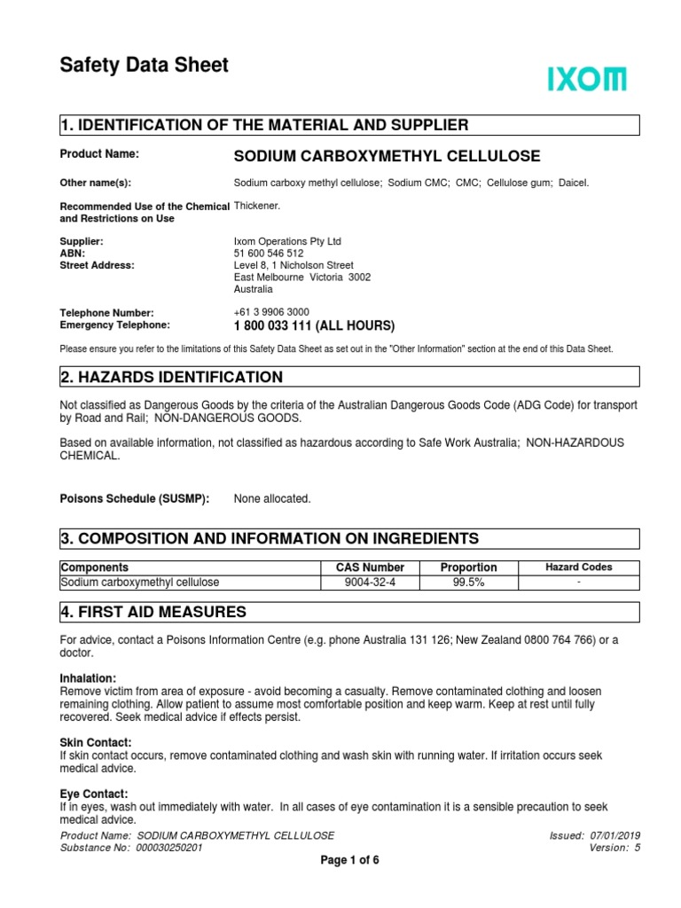 Safety Data Sheet: 1. Identification of The Material and Supplier Sodium Carboxymethyl Cellulose ...
