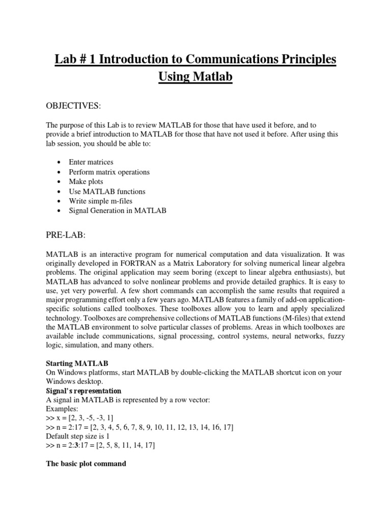 Lab # 1 Introduction To Communications Principles Using Matlab | PDF | Matlab | Convolution