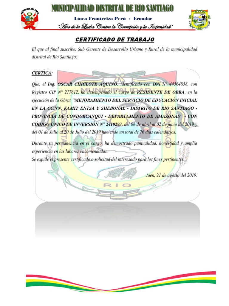 Certificado Trabajo Ingeniero | PDF