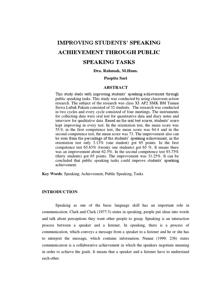 Improving Students' Speaking Achievement Through Public Speaking Tasks | PDF | Public Speaking ...