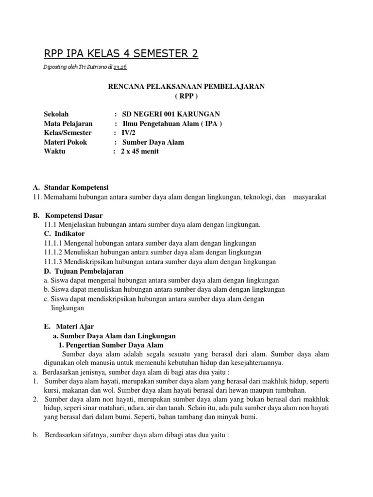 RPP Ipa Kelas 4 Semester 2 | PDF