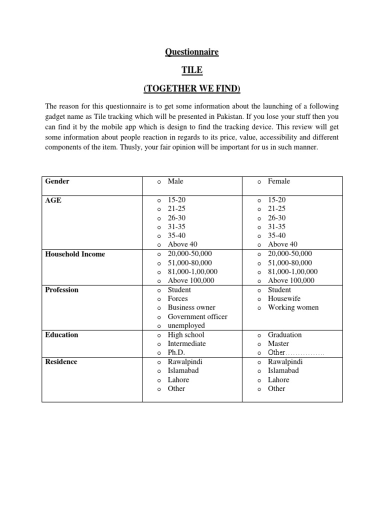 Questionnaire Tile (Together We Find) : Gender AGE | PDF | Mobile ...
