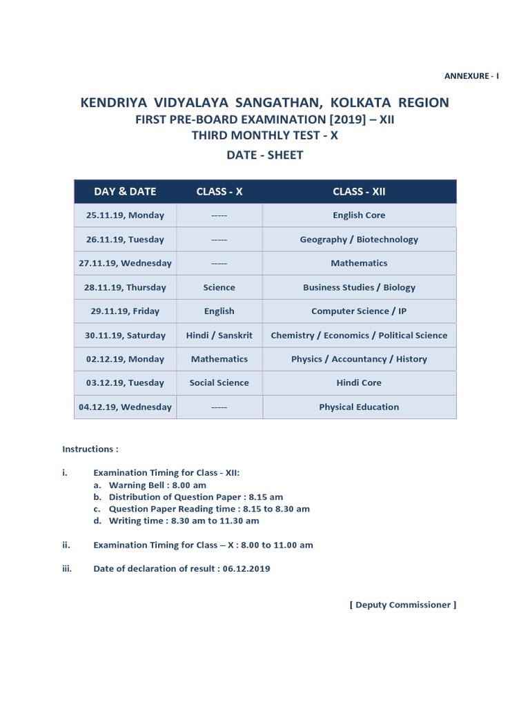 KVS Kolkata Region Date Sheet for Class X and XII Pre-Board Exam | PDF