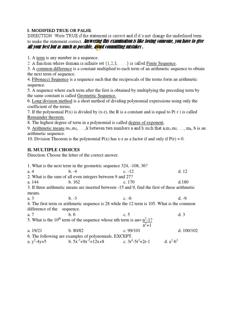 I-Modified True or False: Ii. Multiple Choices | Download Free PDF ...