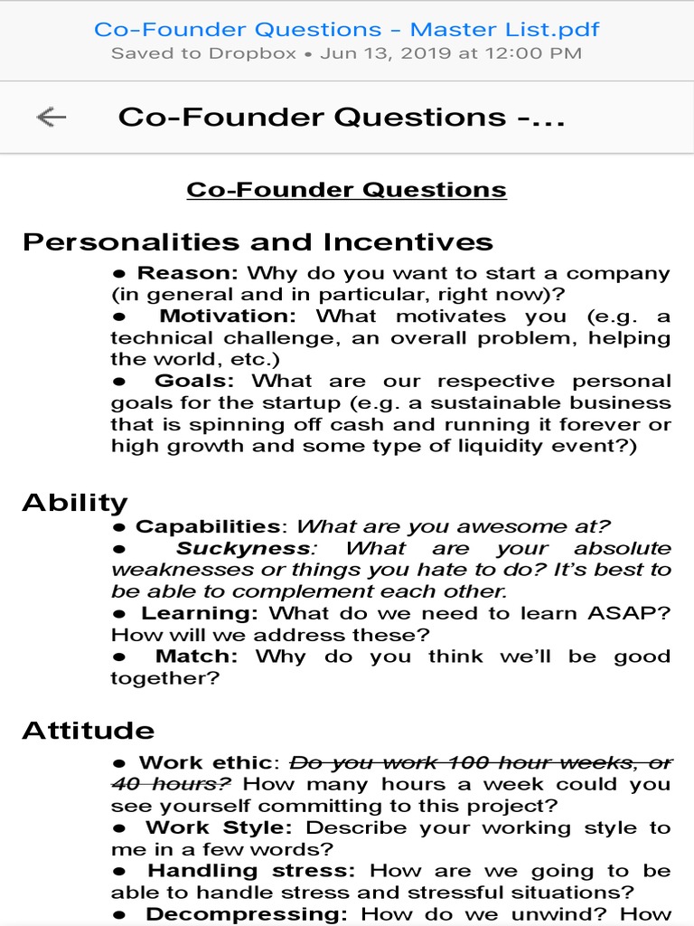 Co-Founder Questions Master List | PDF | Startup Company | Small ...