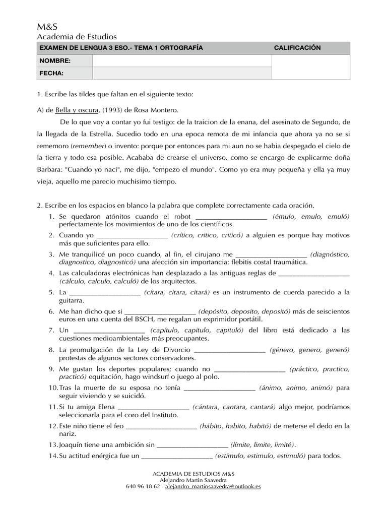 Examen Lengua 3 ESO.- Tema 1 Ortografía