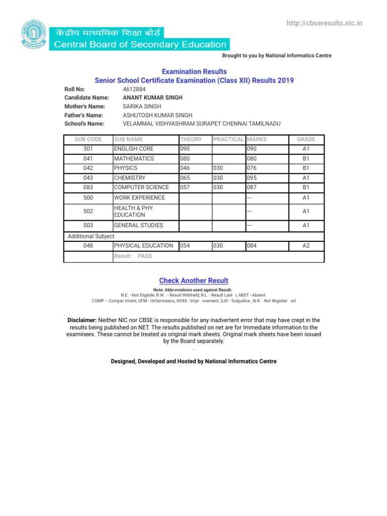 CBSE - Senior School Certificate Examination (Class XII) Results 2019 ...