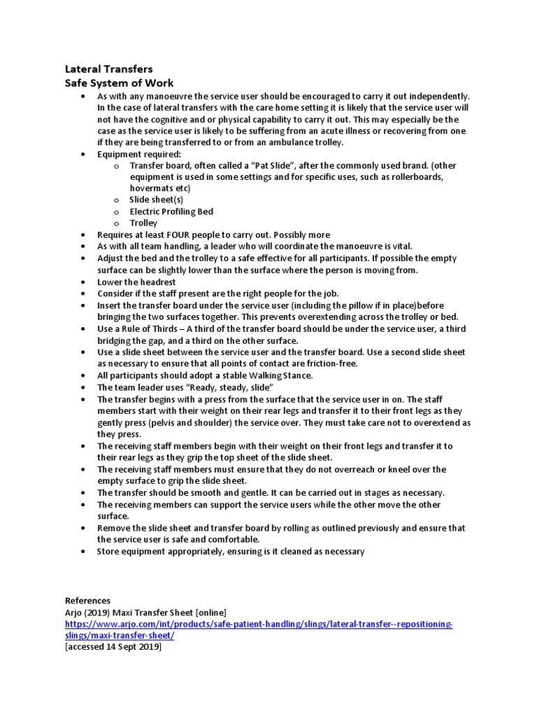Lateral Transfers Safe System of Work: References | PDF