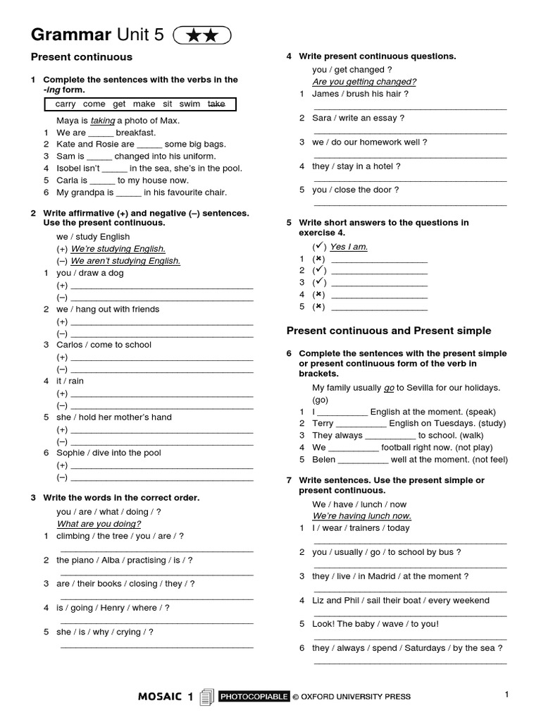 Grammar Unit 5: Present Continuous | PDF | English Language | Syntax