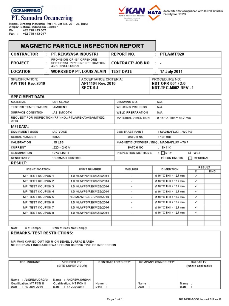 Magnetic Particle Inspection Report::: PTLA/MT/020:: -:: 17 July 2014 ...