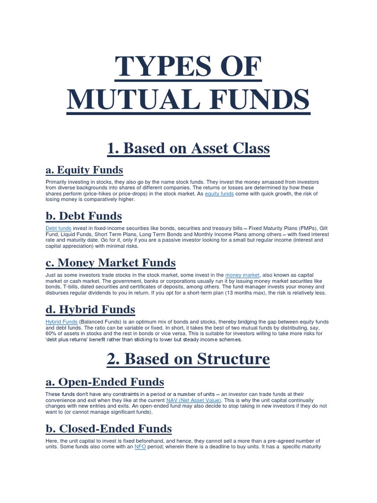 Types of Mutual Funds Based on Asset Class, Structure, Goals and Risk ...