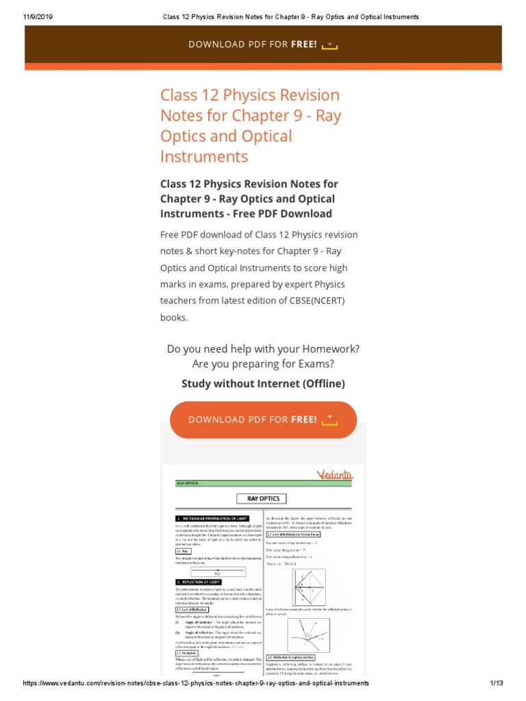 Class 12 Physics Revision Notes For Chapter 9 - Ray Optics and Optical ...
