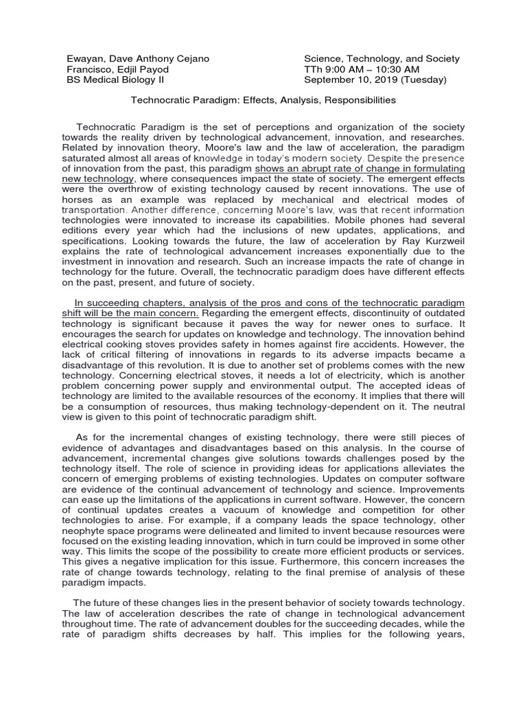 Science Technology and Society - Critique Paper For Technocratic Paradigm | PDF | Innovation ...