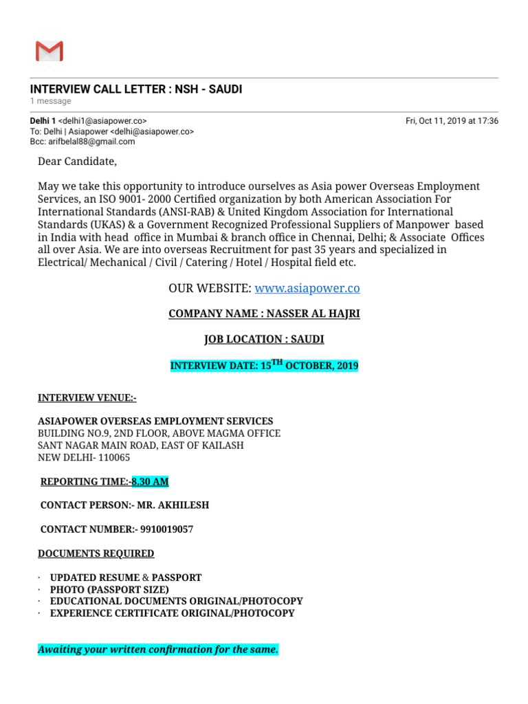 Gmail - Interview Call Letter - 1 NSH - Saudi | PDF