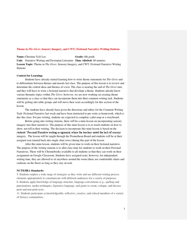 Themes and Imagery in The Giver Writing | PDF | Narrative | Cognitive ...