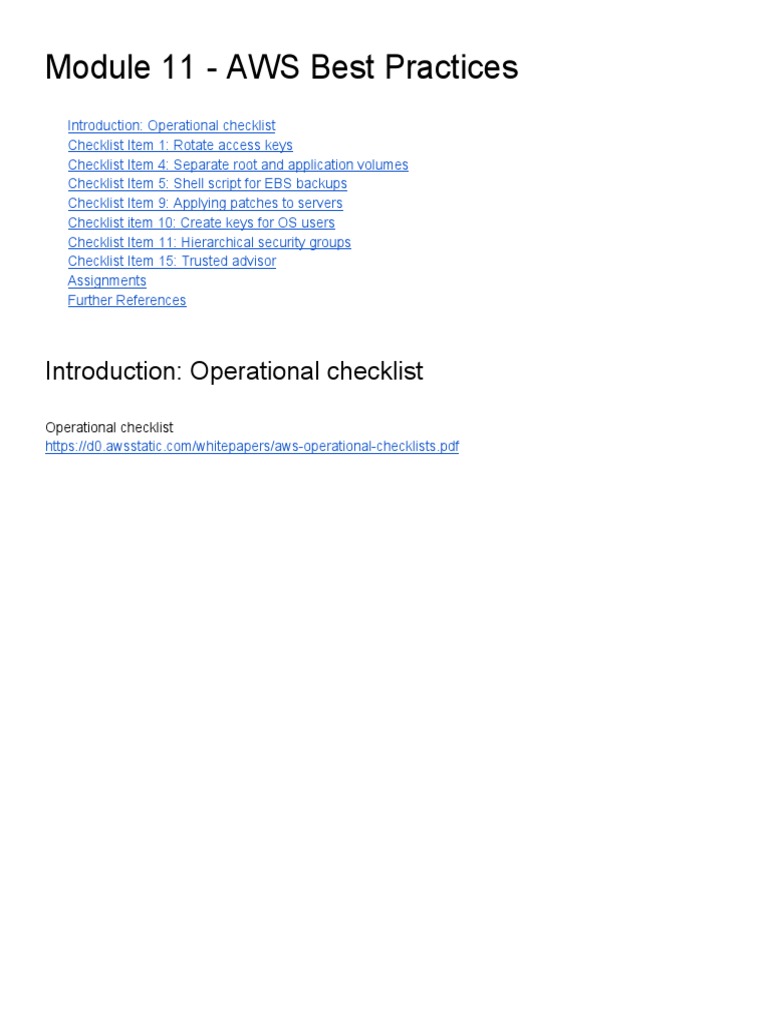 Module 11 AWS Best Practices: Introduction: Operational Checklist | PDF ...