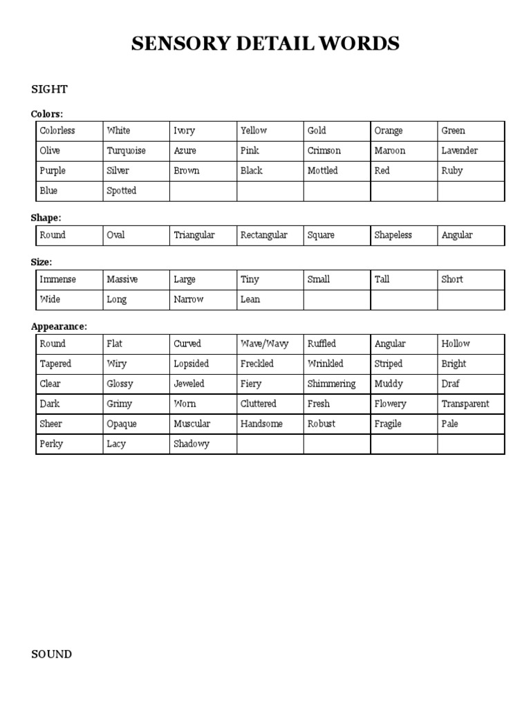 Sensory Details List | PDF | Taste | Art Materials