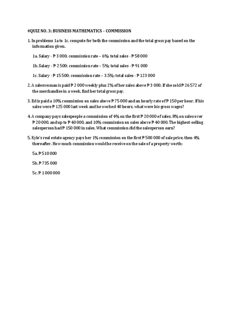 Commission Calculations in Business Math | PDF