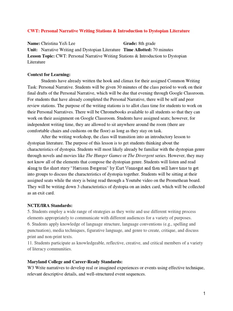 Day 11 Lesson Plan - CWT Intro To Dystopia 2 | PDF | Dystopia | Narrative