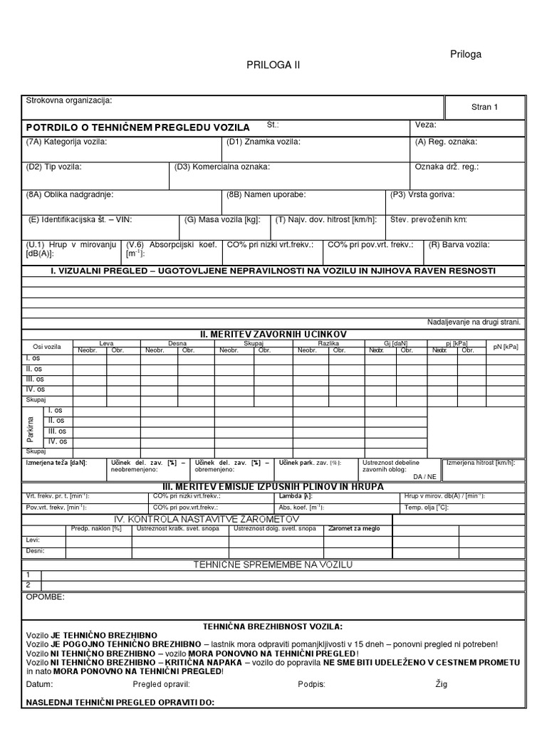 Potrdilo O Tehničnem Pregledu Vozila: Priloga Priloga Ii | PDF