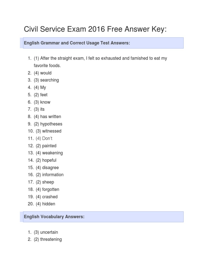 Civil Service Exam 2016 Answer Key | PDF | Fraction (Mathematics) | Receipt