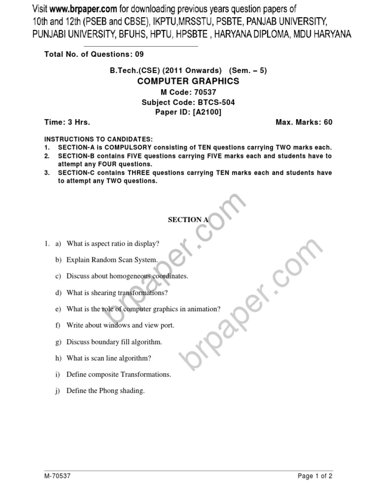 Computer Graphics: Roll No. Total No. of Pages: 02 Total No. of ...