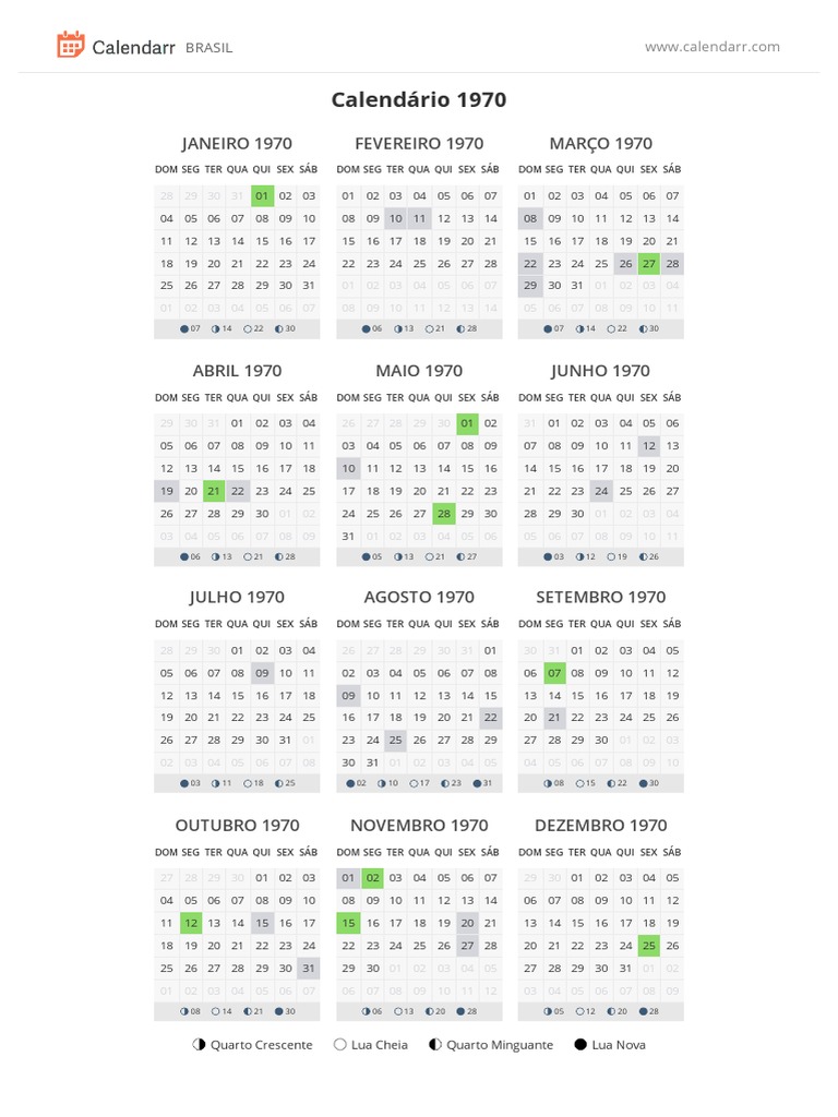 Calendário 1970 para Imprimir - Calendarr | PDF | Páscoa | Natal