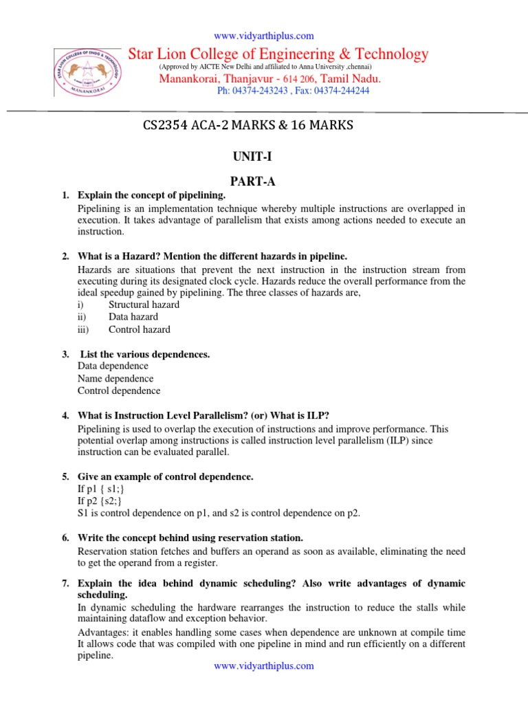 Star Lion College of Engineering & Technology: Cs2354 Aca-2 Marks & 16 Marks | PDF | Multi Core ...