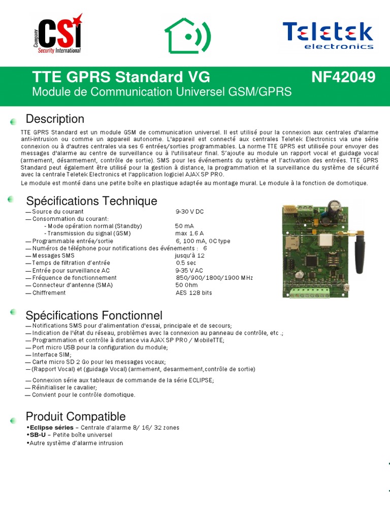 Module GSM/GPRS TTE Standard Teletek | PDF | GSM | Domotique