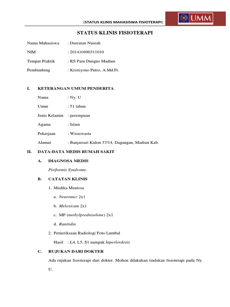 Status Klinis Fisioterapi Ny. U di Madiun | PDF