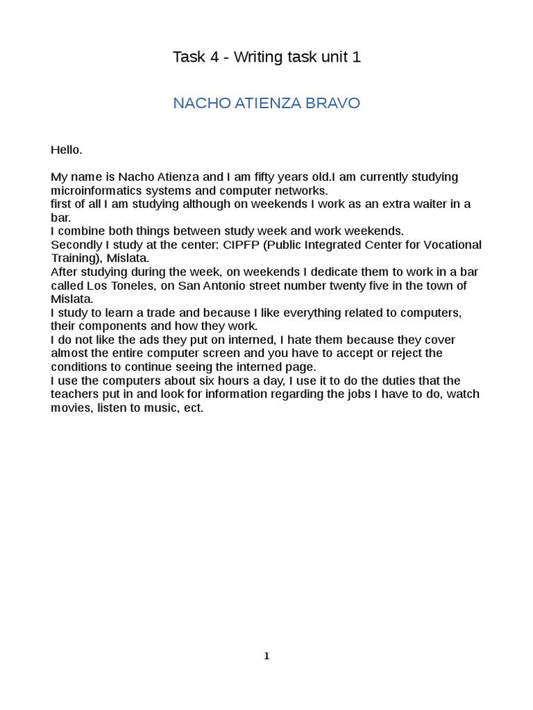 Task 4-Writing Task Unit 1 | PDF