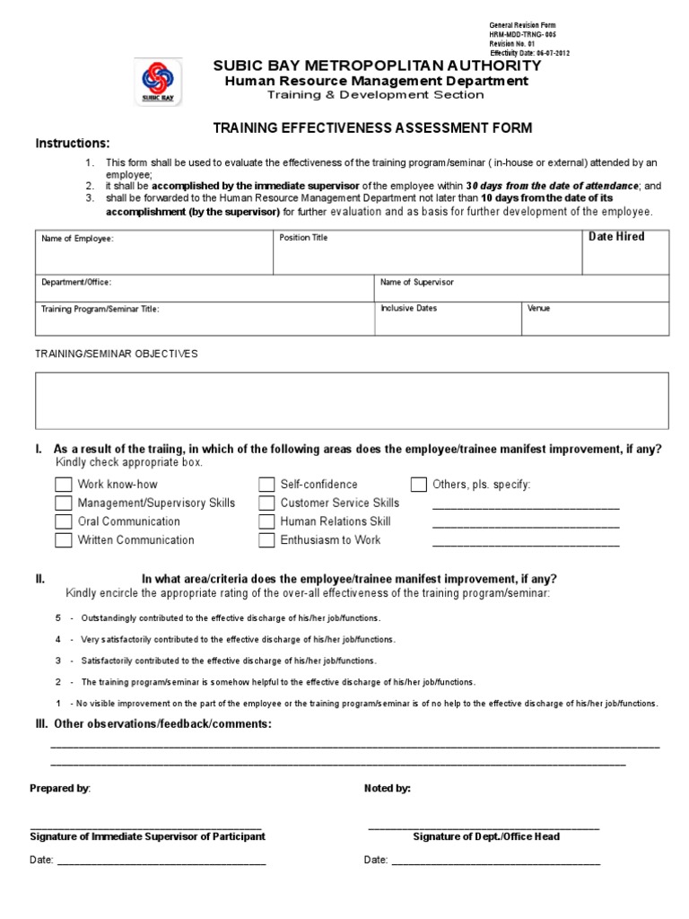 Training Effectiveness Assessment (TEA) Form HRMDMDTRNG - 005 (Rev. No ...