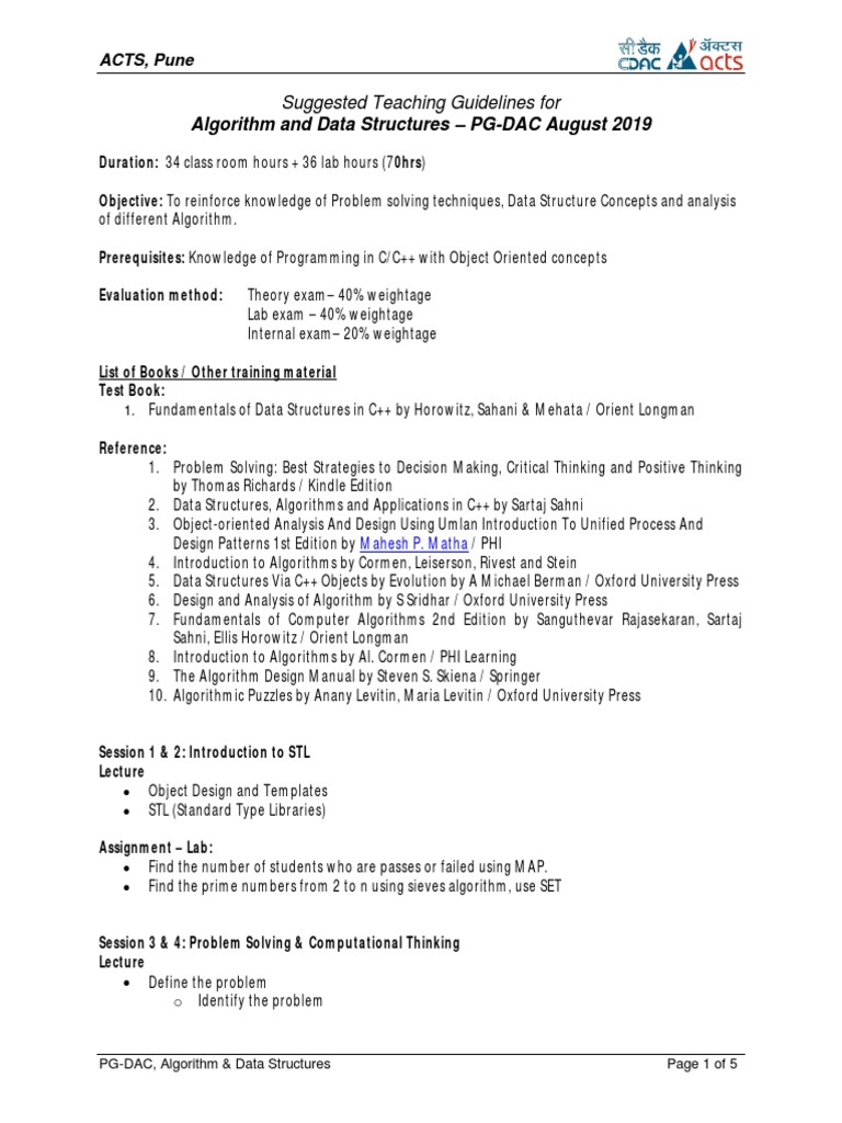 Algorithm and Data Structures - PG-DAC August 2019: Suggested Teaching ...