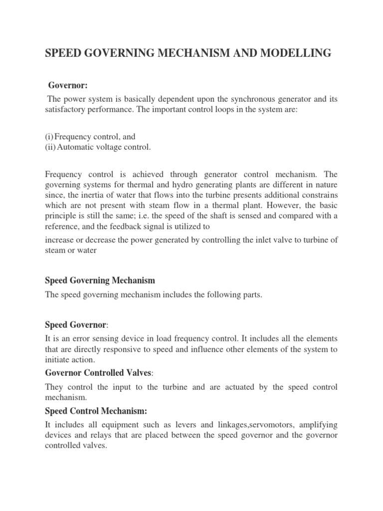 Speed Governing Mechanism and Modelling: Governor | PDF | Valve | Feedback