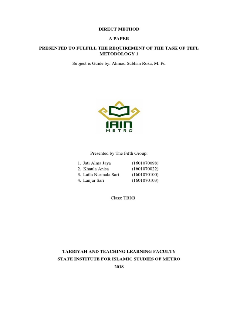 Direct Method A Paper Presented To Fulfill The Requirement of The Task of Tefl Metodology 1 ...