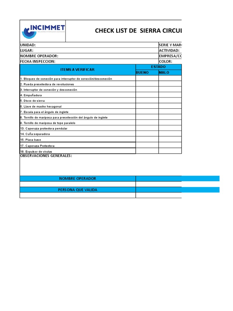 Checklist de inspección para sierra circular | PDF