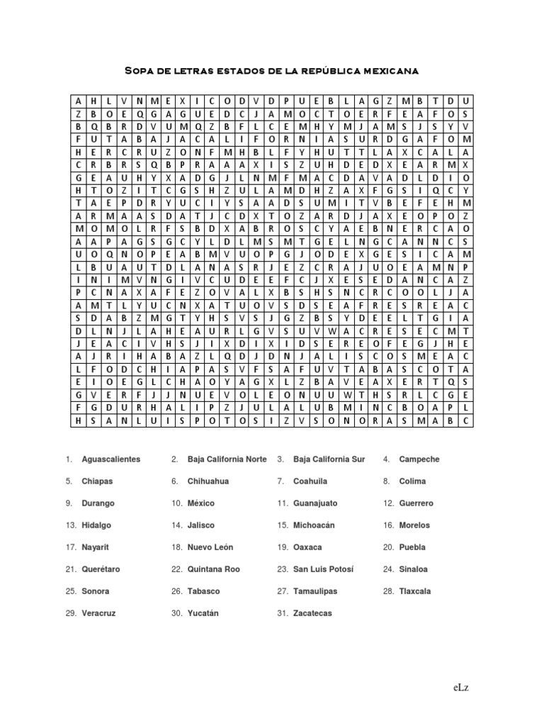 Sopa de Letras Estados de La República Mexicana | Clima | Deportes