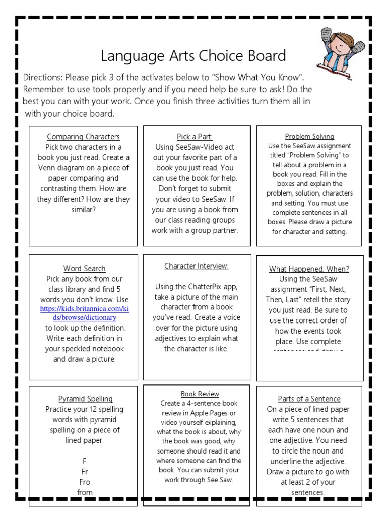 Language Arts Choice Board Activities | PDF | Books | Linguistics