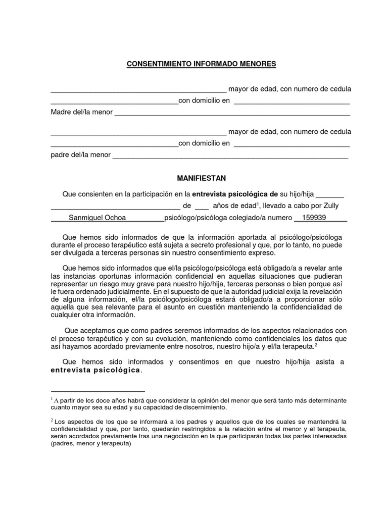 Consentimiento Informado para Menores de Edad | PDF | Psicólogo | Consentimiento informado