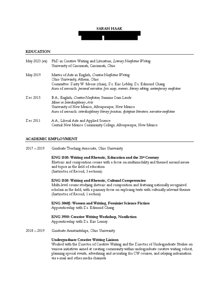 Haak Sarah CV 2019 Weebly | PDF | English Studies | Academia