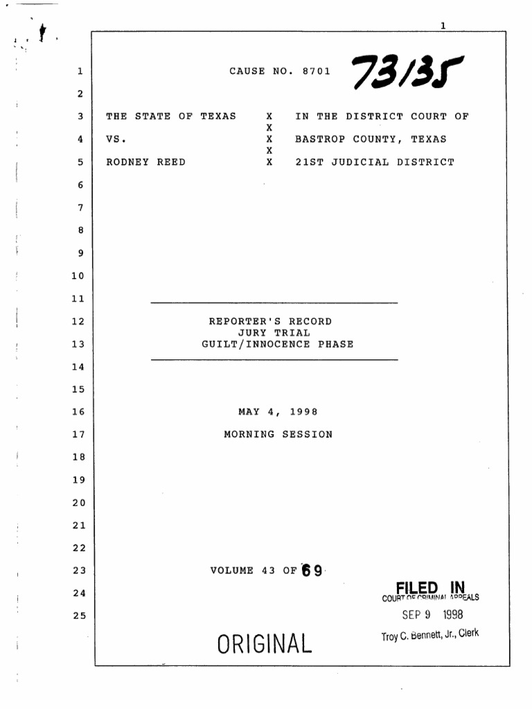 Rodney Reed: Reporter's Record, Jury Trial, Guilt/Innocense Phase, May ...