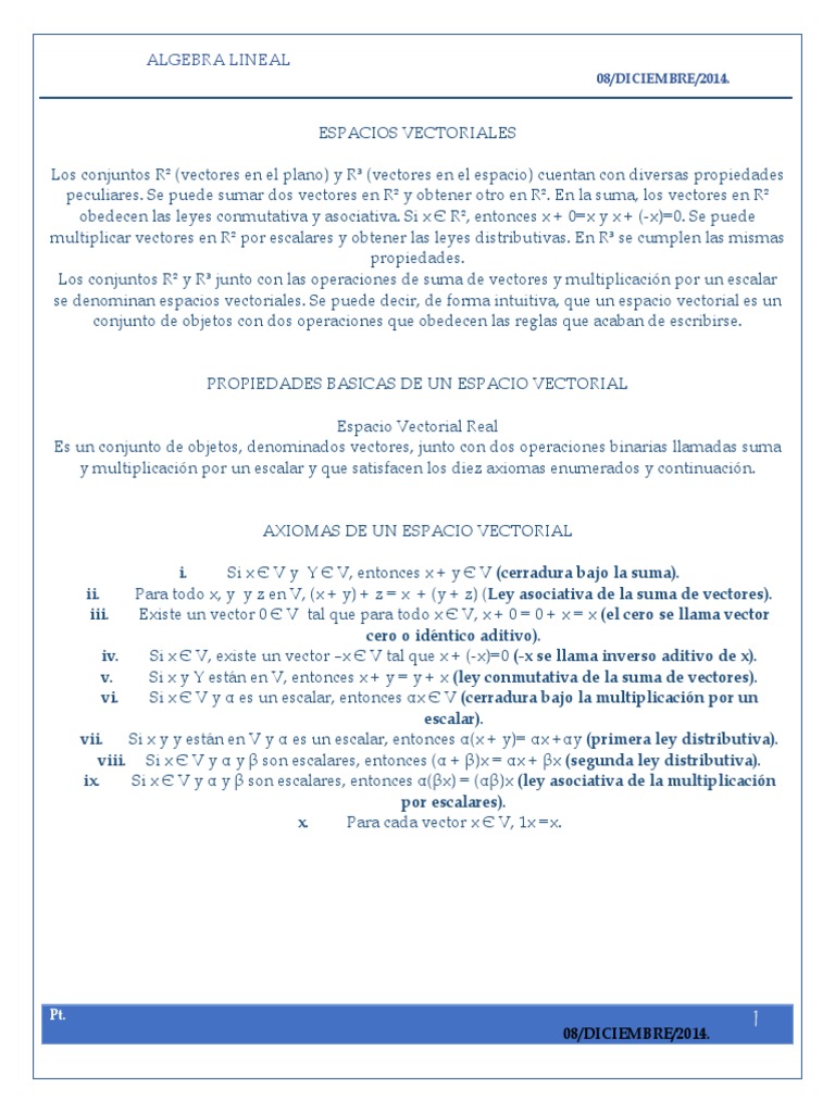 ALGEBRA LINEAL - Espacios Vectoriales | PDF | Espacio vectorial ...