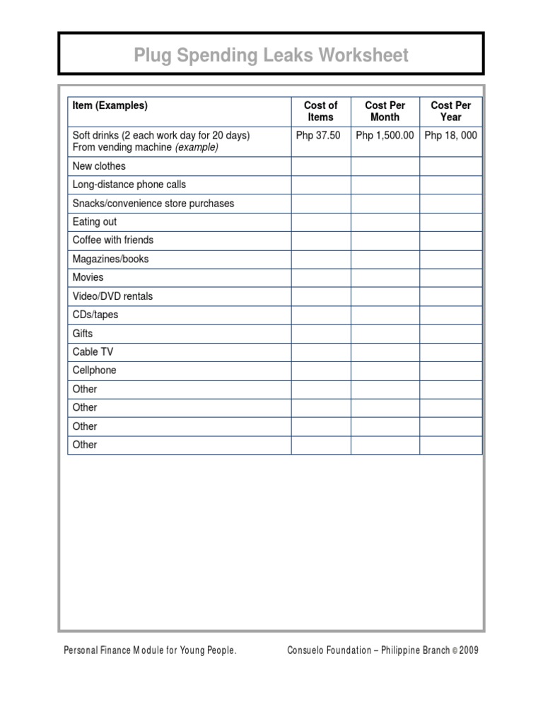 Plug Spending Leaks Worksheet PDF | PDF