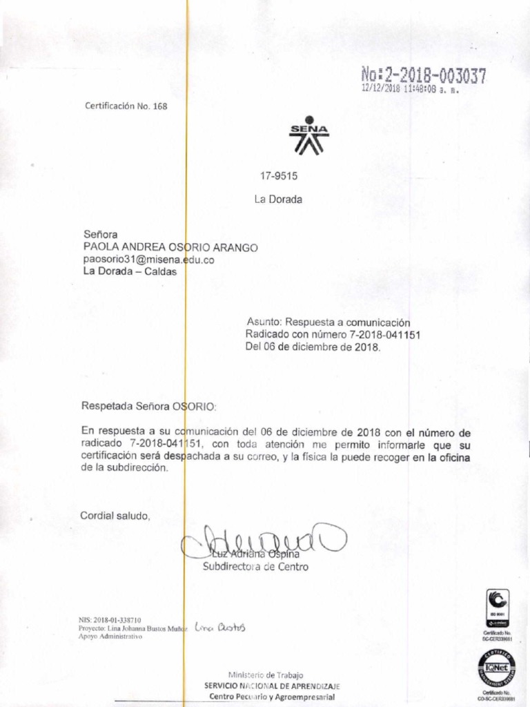 Certificado Laboral Sena | PDF