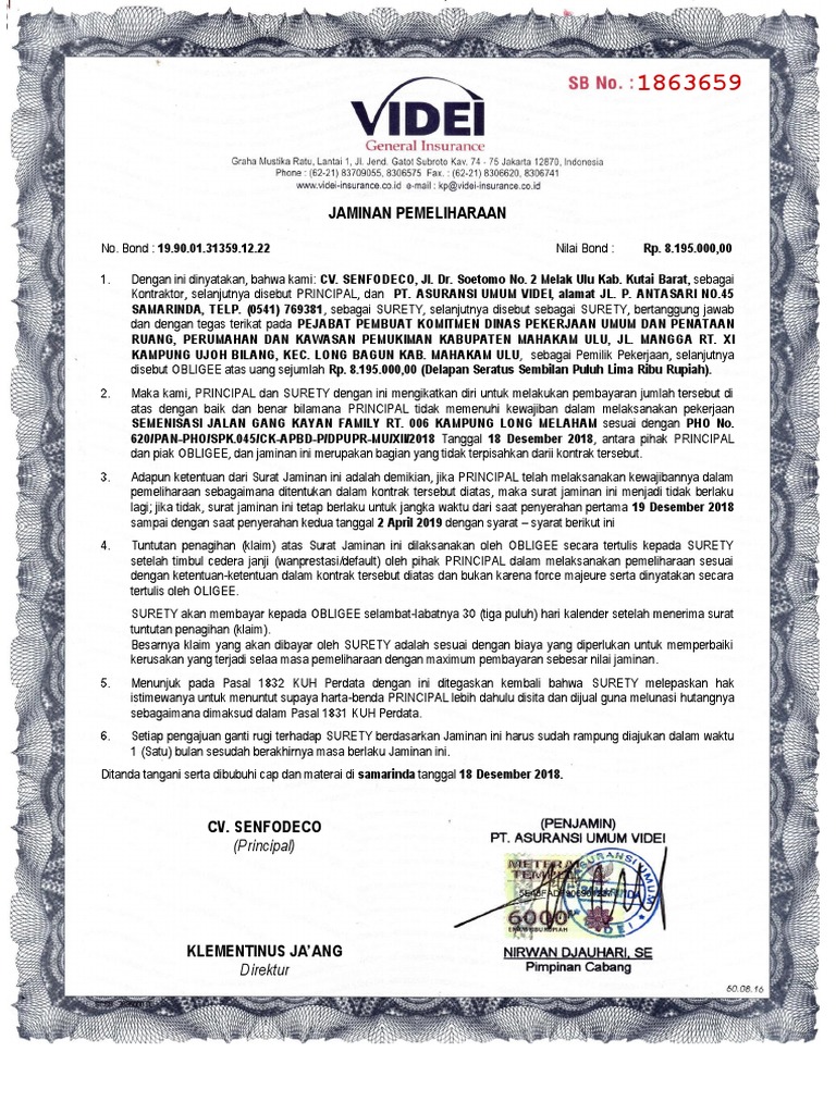 Contoh Jaminan Pemeliharaan | PDF