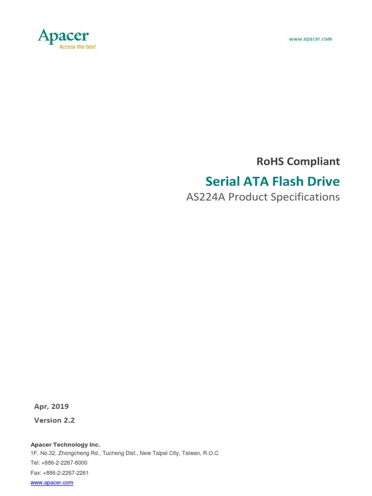 Serial ATA Flash Drive: AS224A Product Specifications | PDF | Solid ...