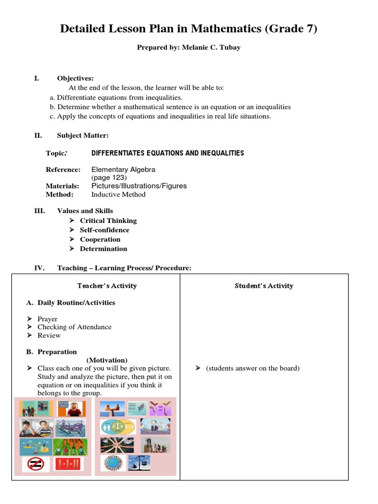 Grade 7 Lesson Plan: Equations vs Inequalities | PDF | Equations ...