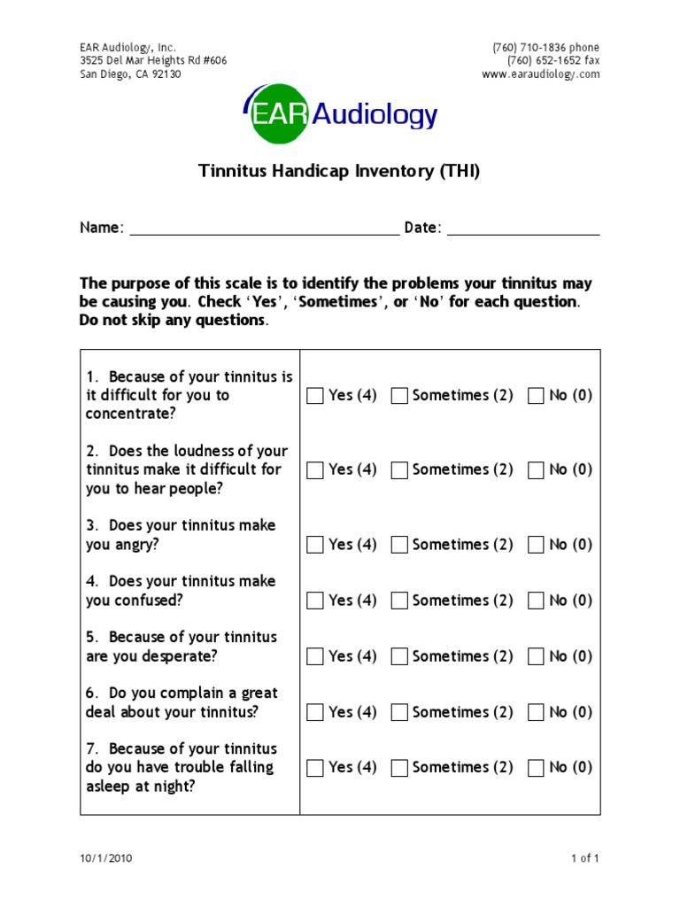 Tinnitus Handicap Inventory (THI) | PDF | Tinnitus | Otology